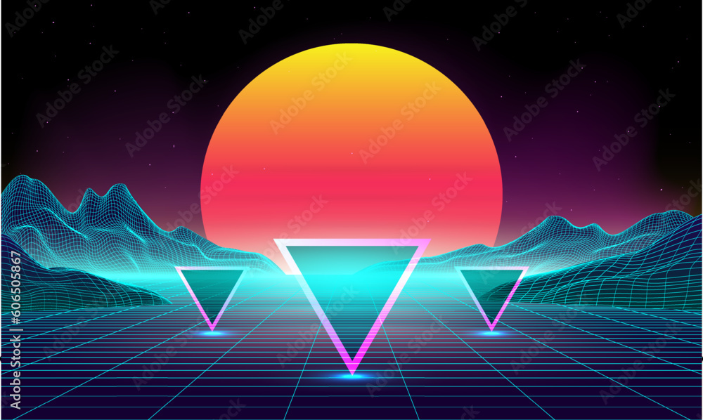 Retro background futuristic landscape 1980s style. Digital retro cyber ...