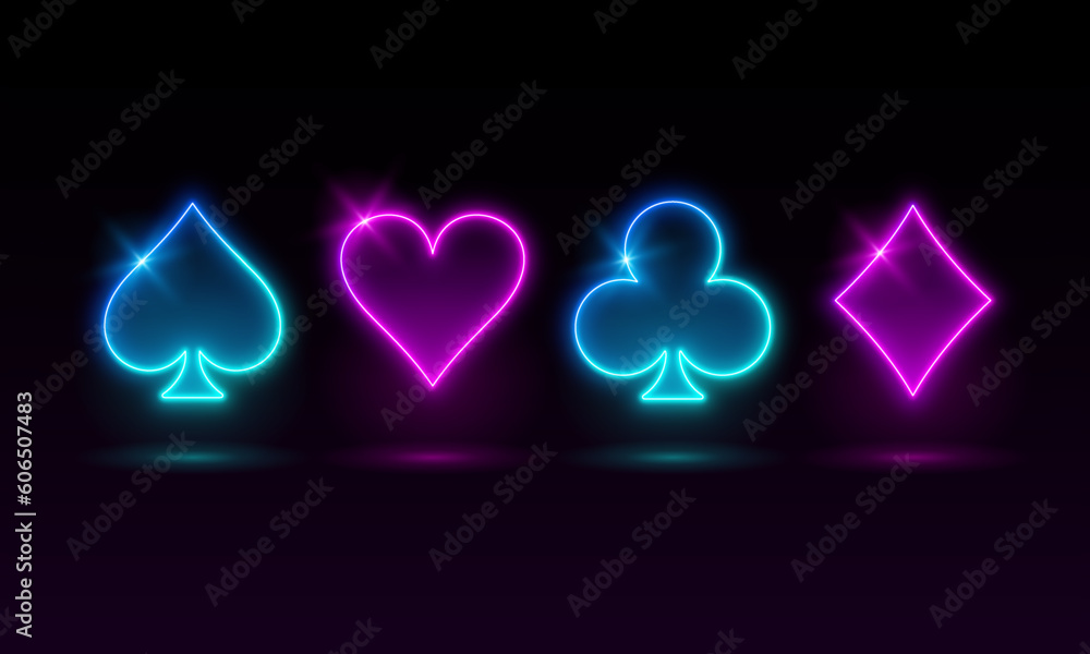 Backlit neon style card suits, card game, playing cards suit, red and ...