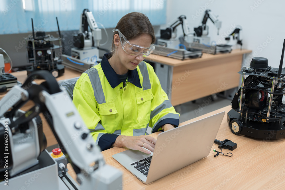 Female engineer using laptop computer for training Programmable logic ...