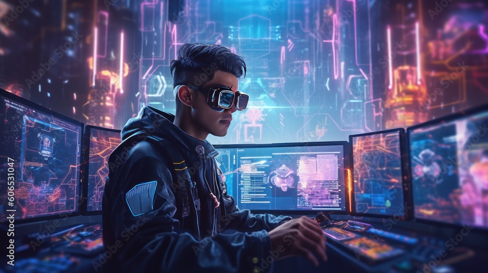 Depict a skilled cyberpunk hacker in a futuristic setting, surrounded ...