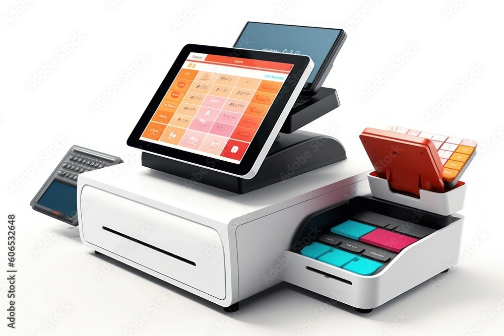 Close-up view of a modern point of sale system with touchscreen display ...
