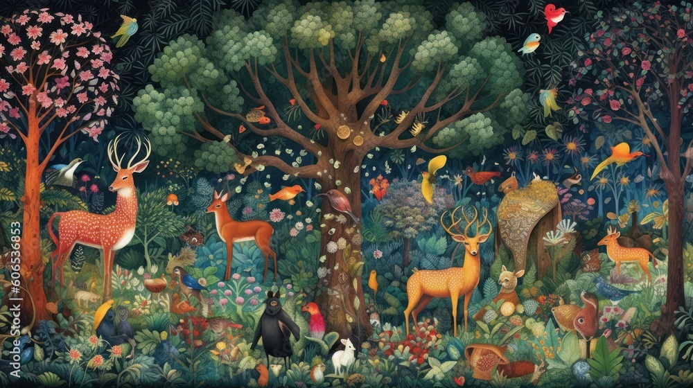 Depict a whimsical forest filled with enchanted trees, talking animals ...