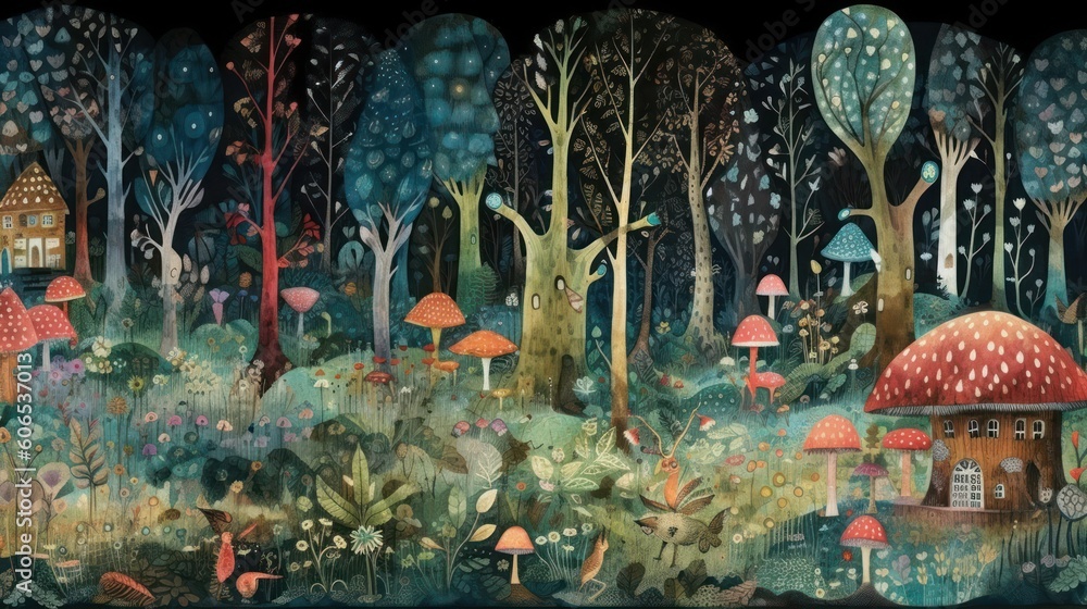 Depict a whimsical forest filled with enchanted trees, talking animals ...