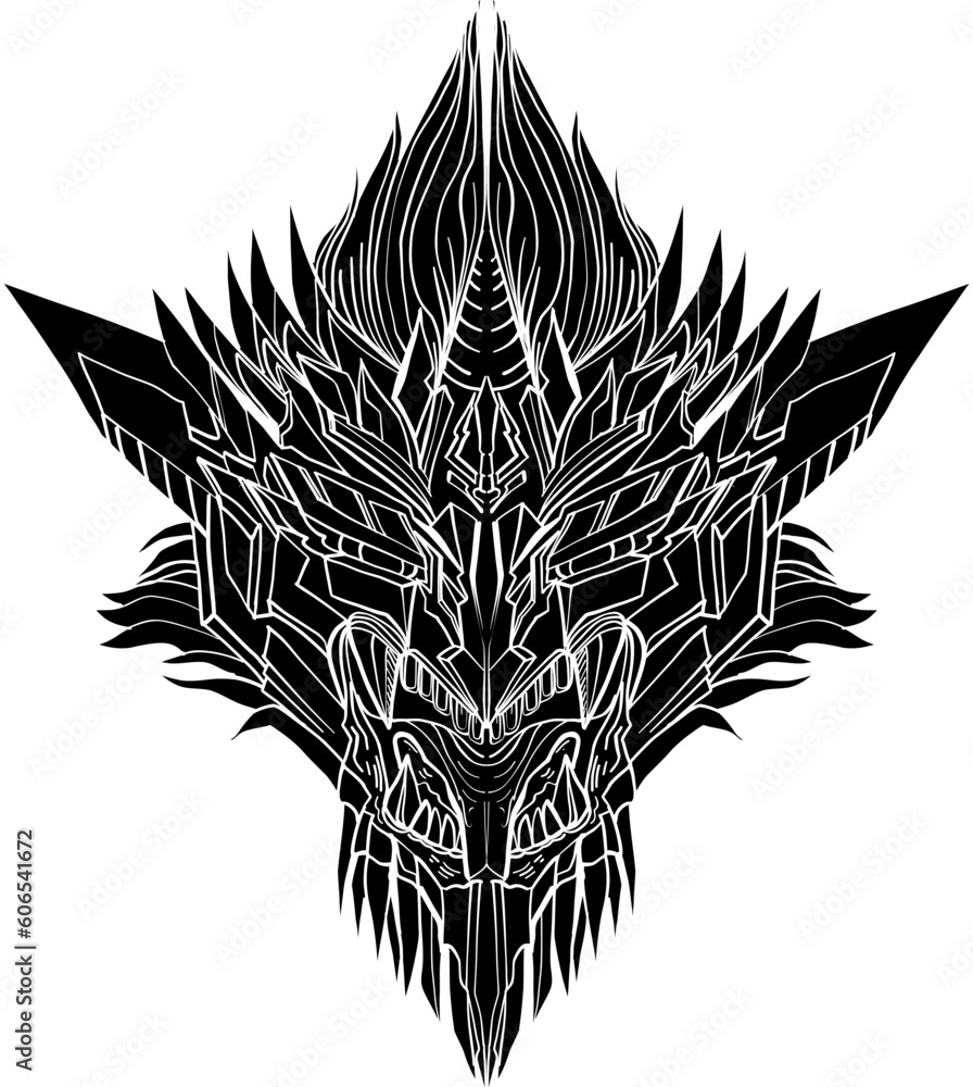 Hand drawn Face Dragon and Thai line art. Icon isolate on white and ...