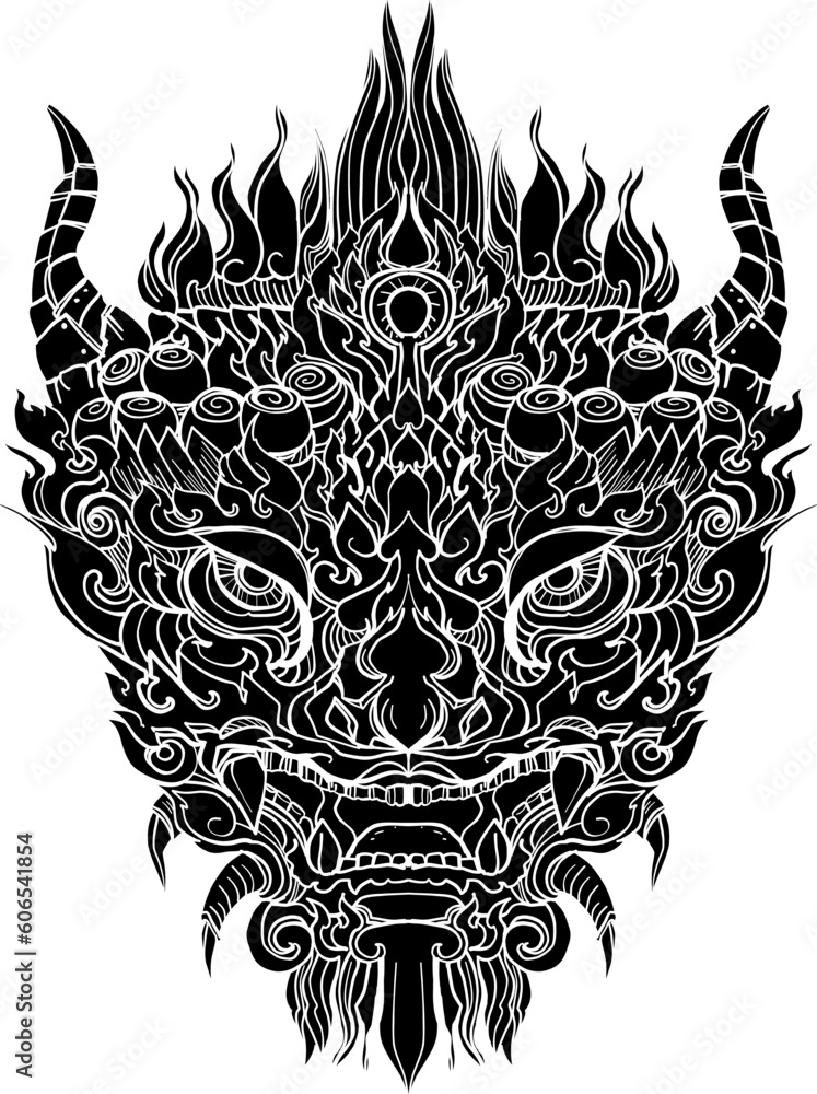 Hand drawn Face Dragon and Thai line art. Icon isolate on white and ...