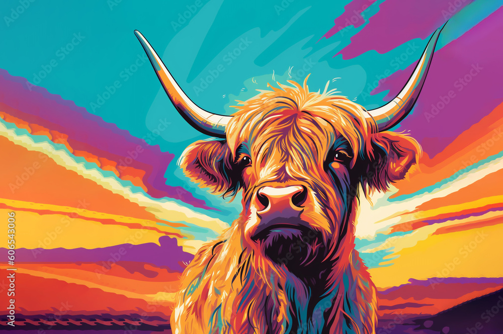 Highland cattle pop art style, bright colours, comic book, Created ...