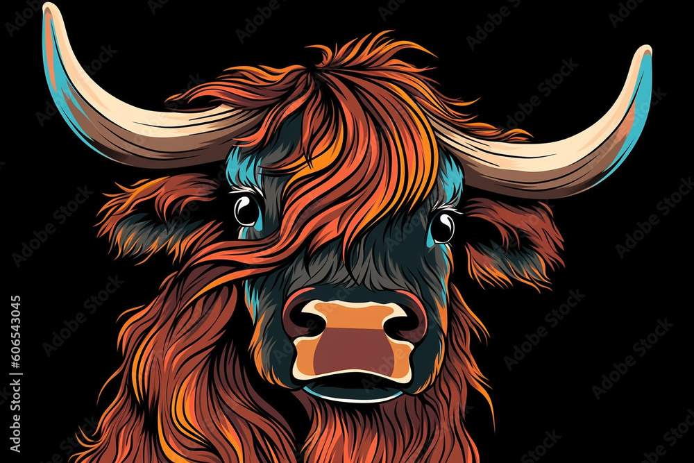 Highland cattle pop art style, bright colours, comic book, Created ...