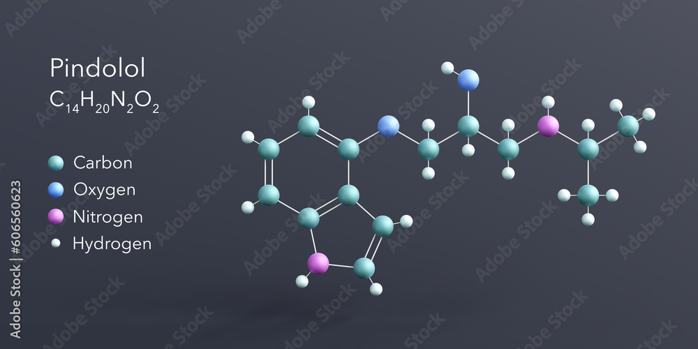 pindolol molecule 3d rendering, flat molecular structure with chemical formula and atoms color ...