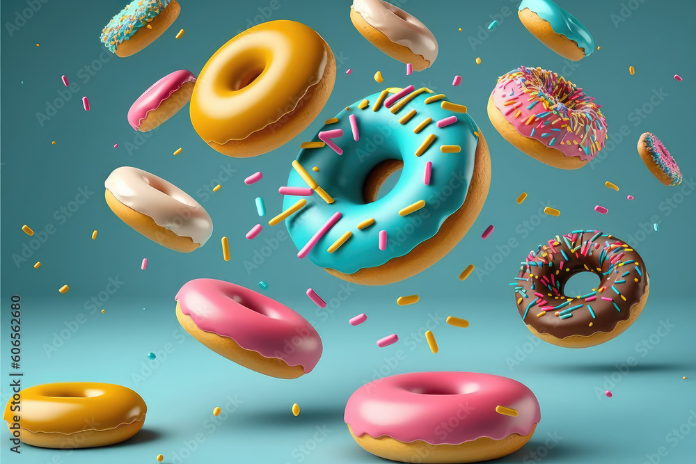 Yummy Falling delicious donuts on a flat blue background. Flying donuts ...