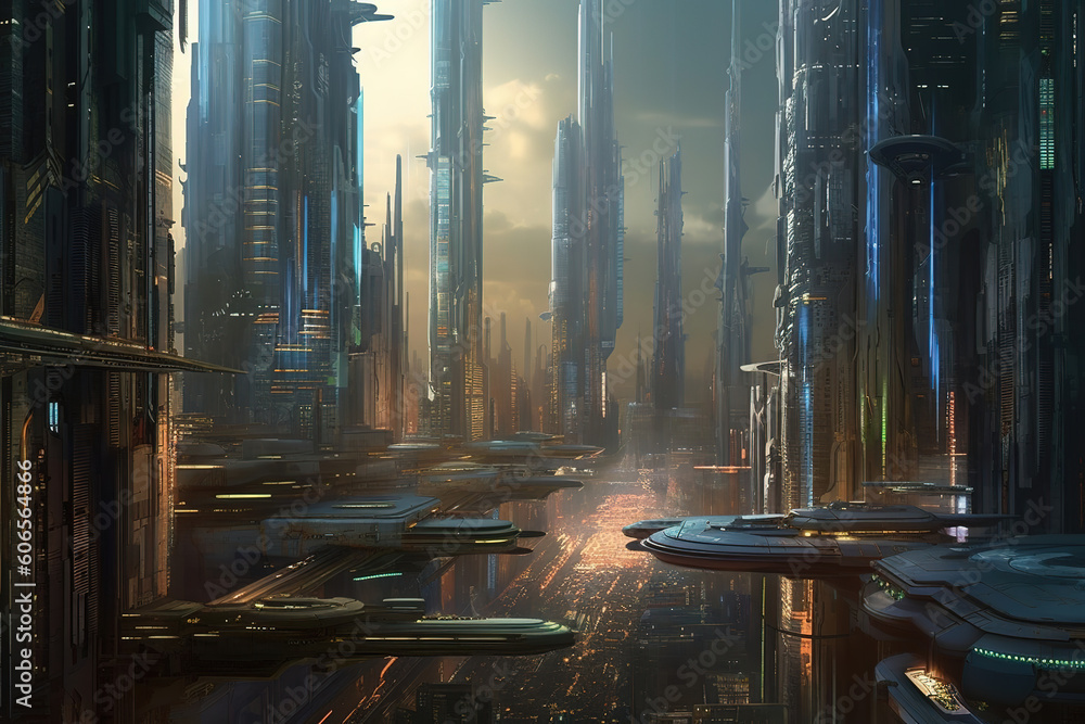 futuristic city filled with lots of tall buildings, fantasy sci - fi ...