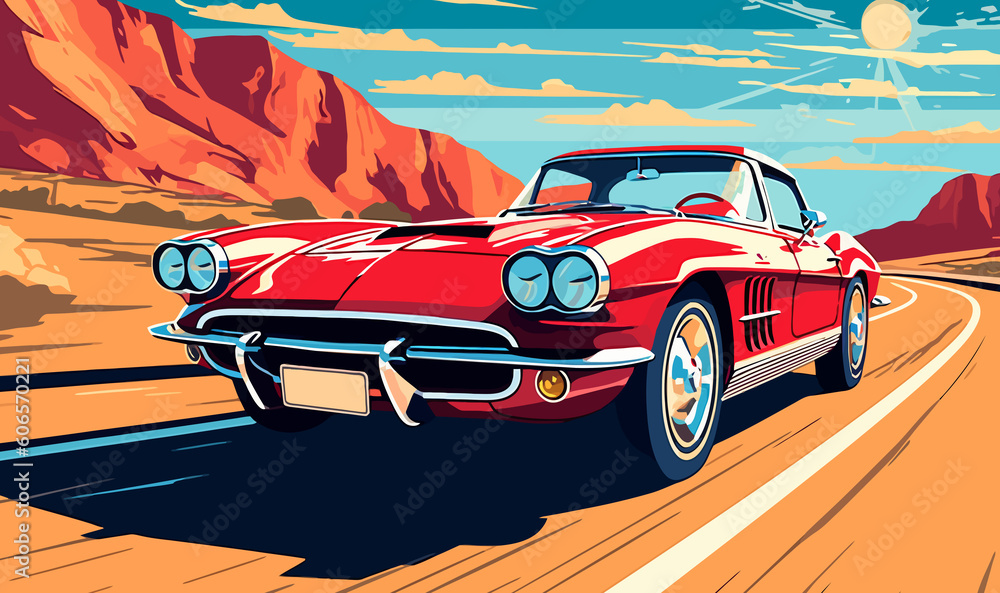 Retro race car on road and colorful background. Comic book style Stock ...