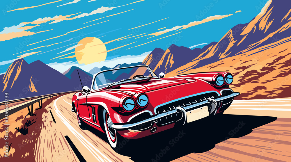Poster Retro race car on road and colorful background. Comic book style ...