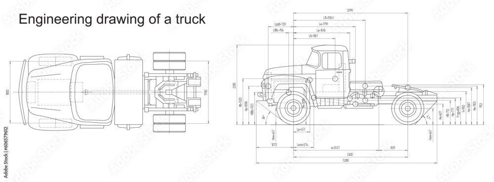 Vector engineering drawing of a truck with dimensional lines and ...