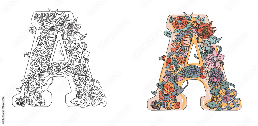 Vector coloring page with letter A. Letter a coloring book for adults ...