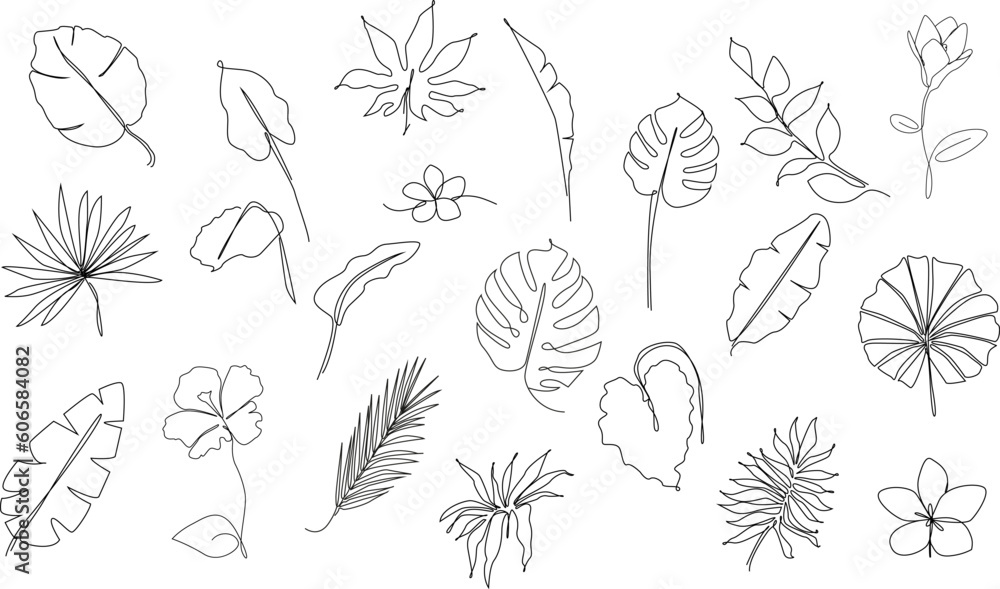 Tropical leaves one line drawing.Continuous line drawing of tropical ...