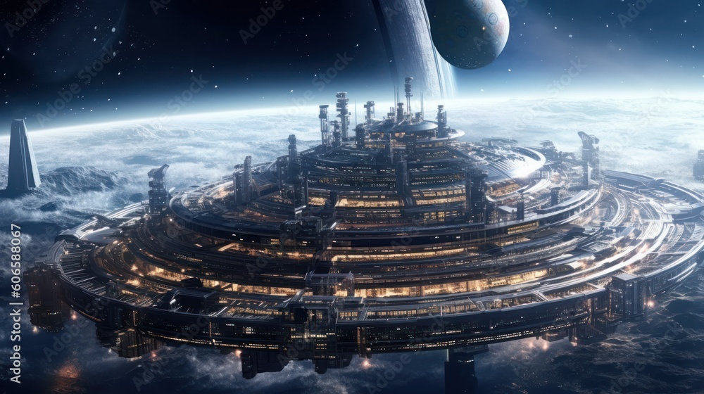 Massive space station orbiting a distant planet or a futuristic ... Massive space station orbiting a distant planet or a futuristic ...