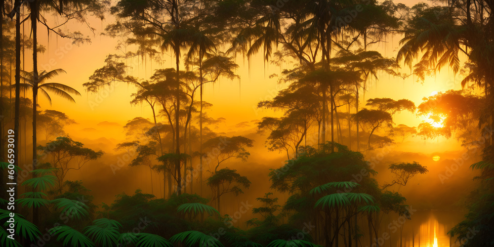 Wallpaper with a tropical landscape at sunset. Jungle with palms, trees ...