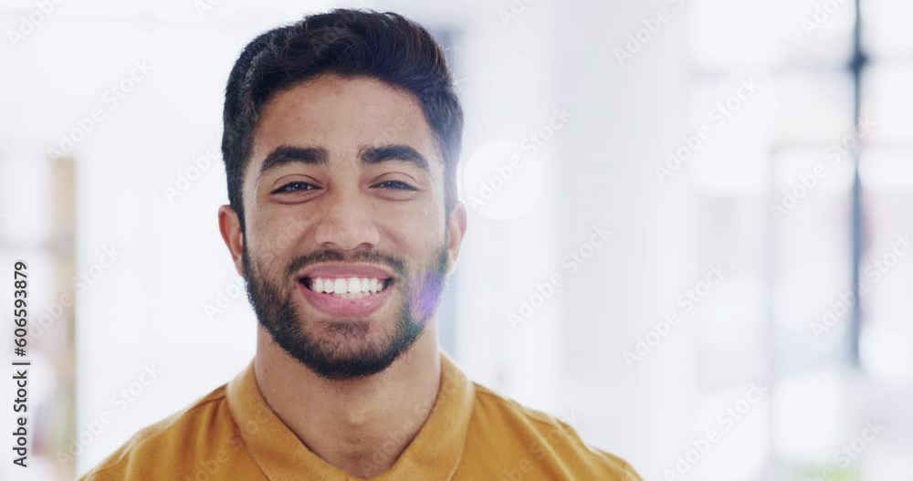 Business man, worker and face with happy smile and confidence feeling ...