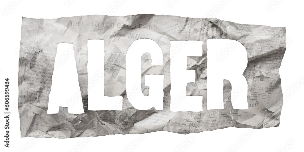 Alger city name cut out of crumpled newspaper in retro stencil style ...