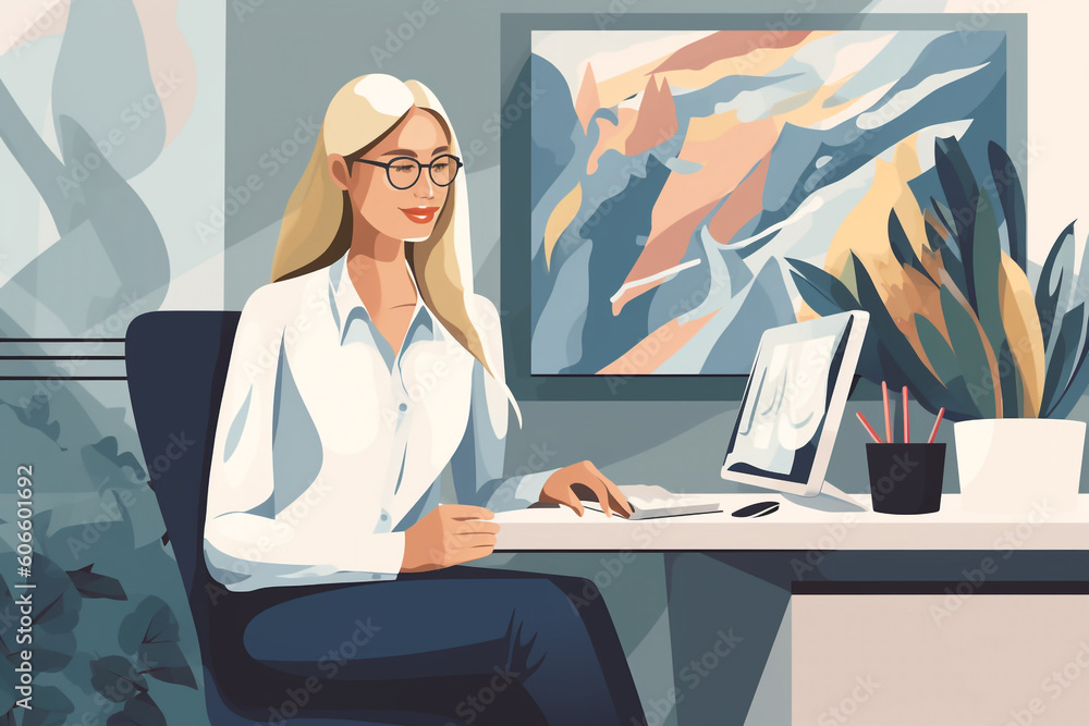 cartoon illustration of a focused office woman working at her desk ...