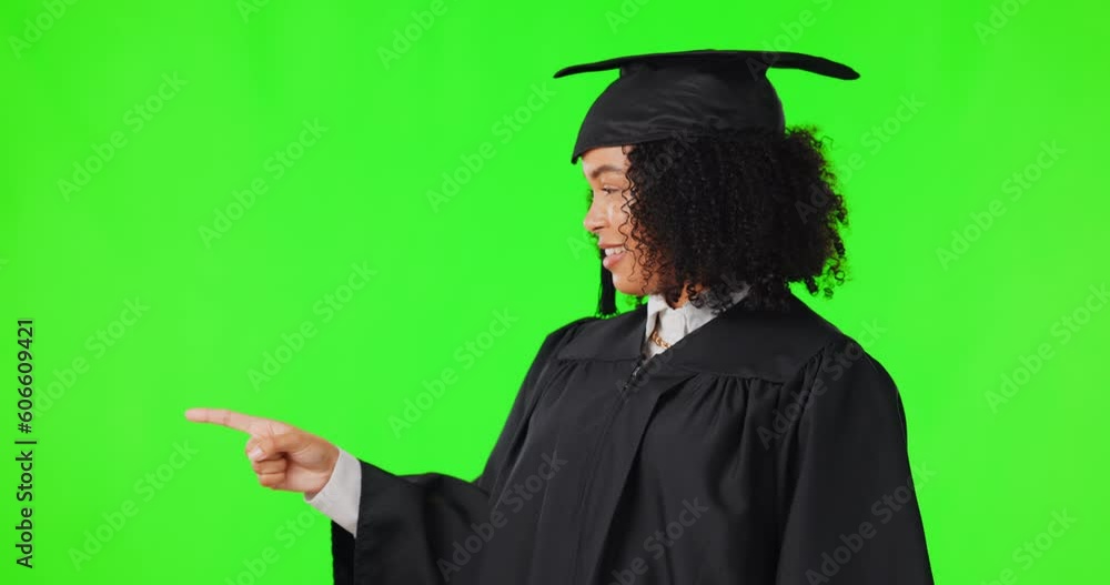 Graduate pointing, green screen and woman face isolated on studio ...