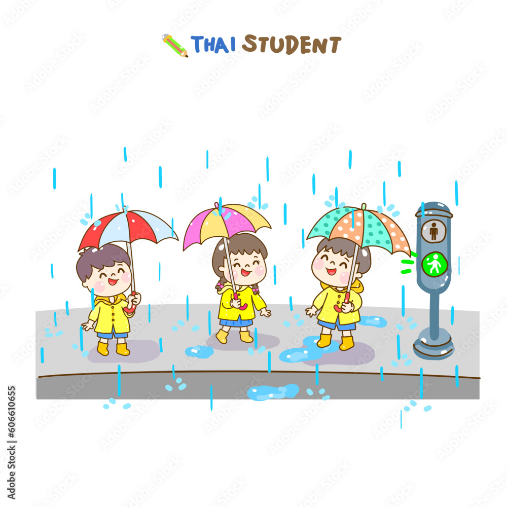 Cartoon kids in rainy season. Stock Vector | Adobe Stock