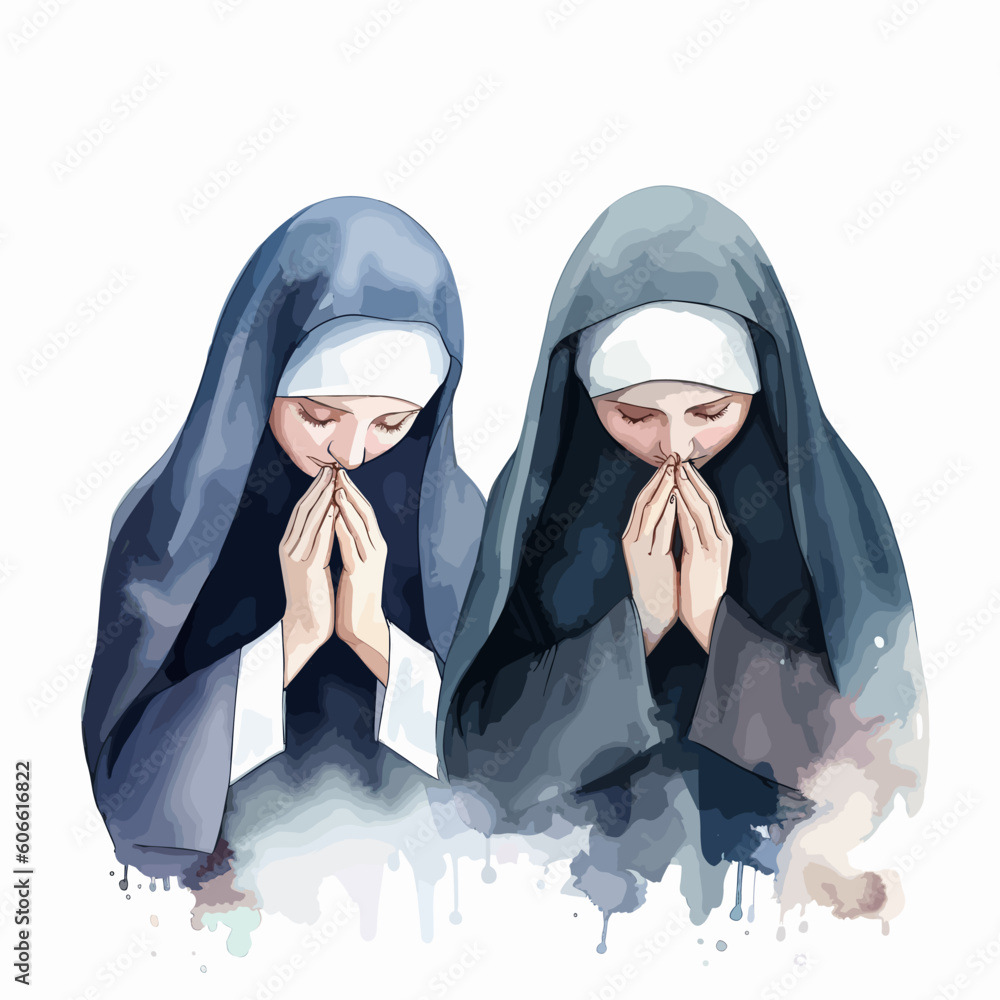 Watercolor vector illustration prayer, priest, nun, bible, disciples ...