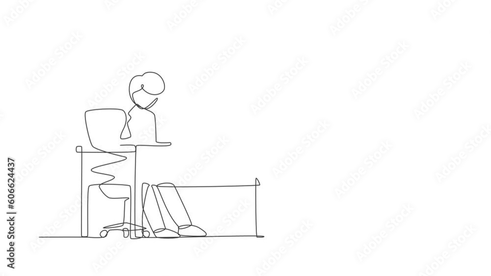 Self drawing animation of single one line draw male works in office ...