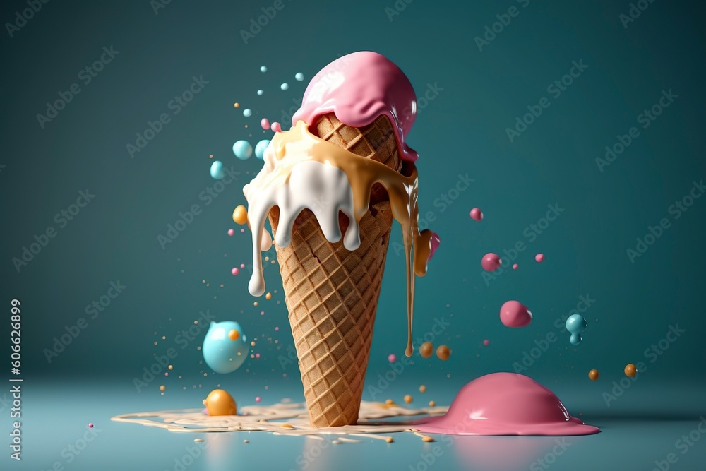This illustration depicts a melting ice cream cone in a variety of ...