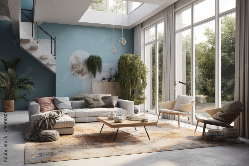 Cozy clean mid century modern interior design with skylight and blue ...