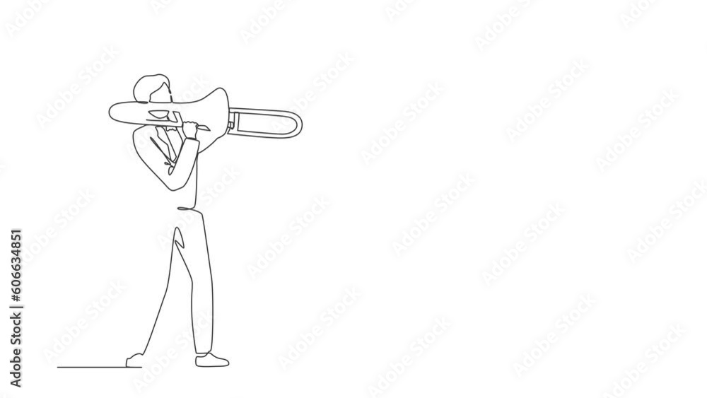 Self drawing animation of single one line draw trombone player. Male ...