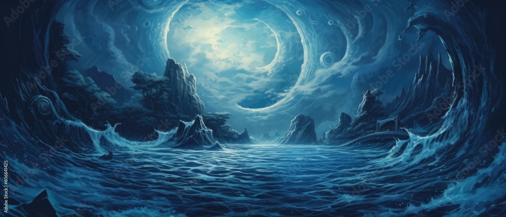 Surreal whirlpool of icy cold blue ocean tsunami swirl of destructive ...