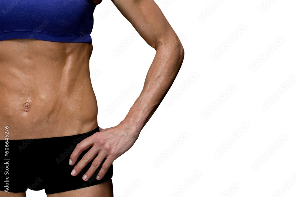 Digital png photo of mid section of fit caucasian woman on transparent ...