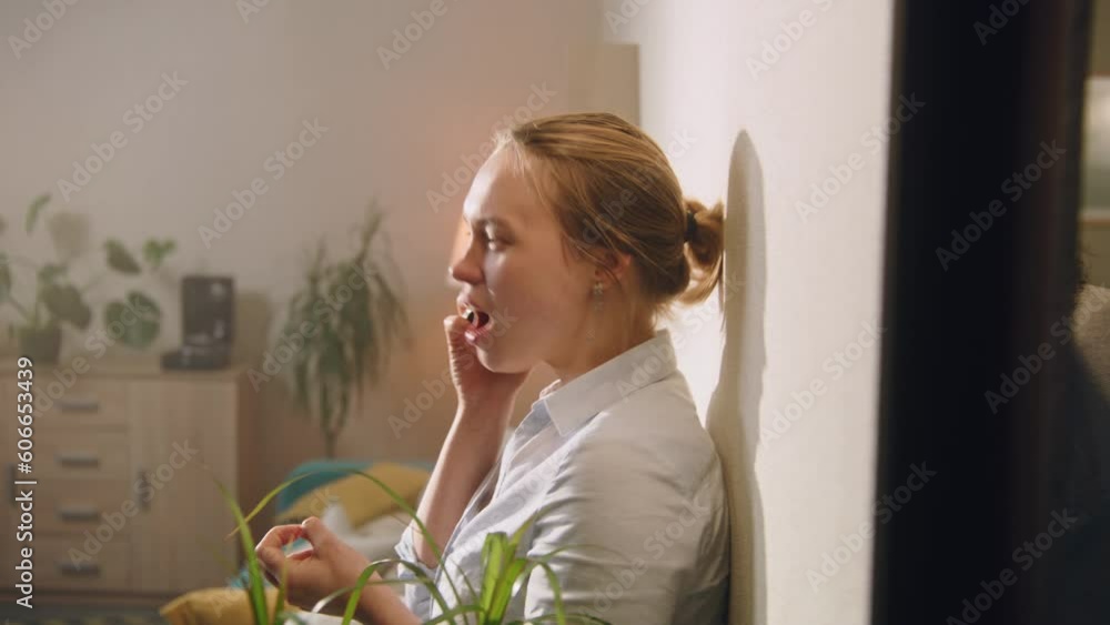 Woman Smiles Talks By Phone With Neighbor Man Neighbors In Love From Different Apartments