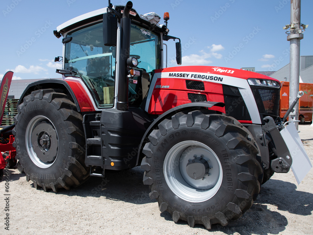 Massey Ferguson Tractor logo brand and text sign on modern industrial ...