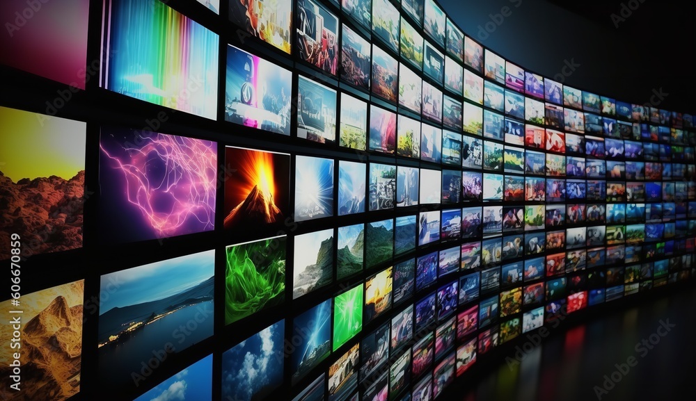 Multimedia video wall with pictures on various TV screens, monitor ...