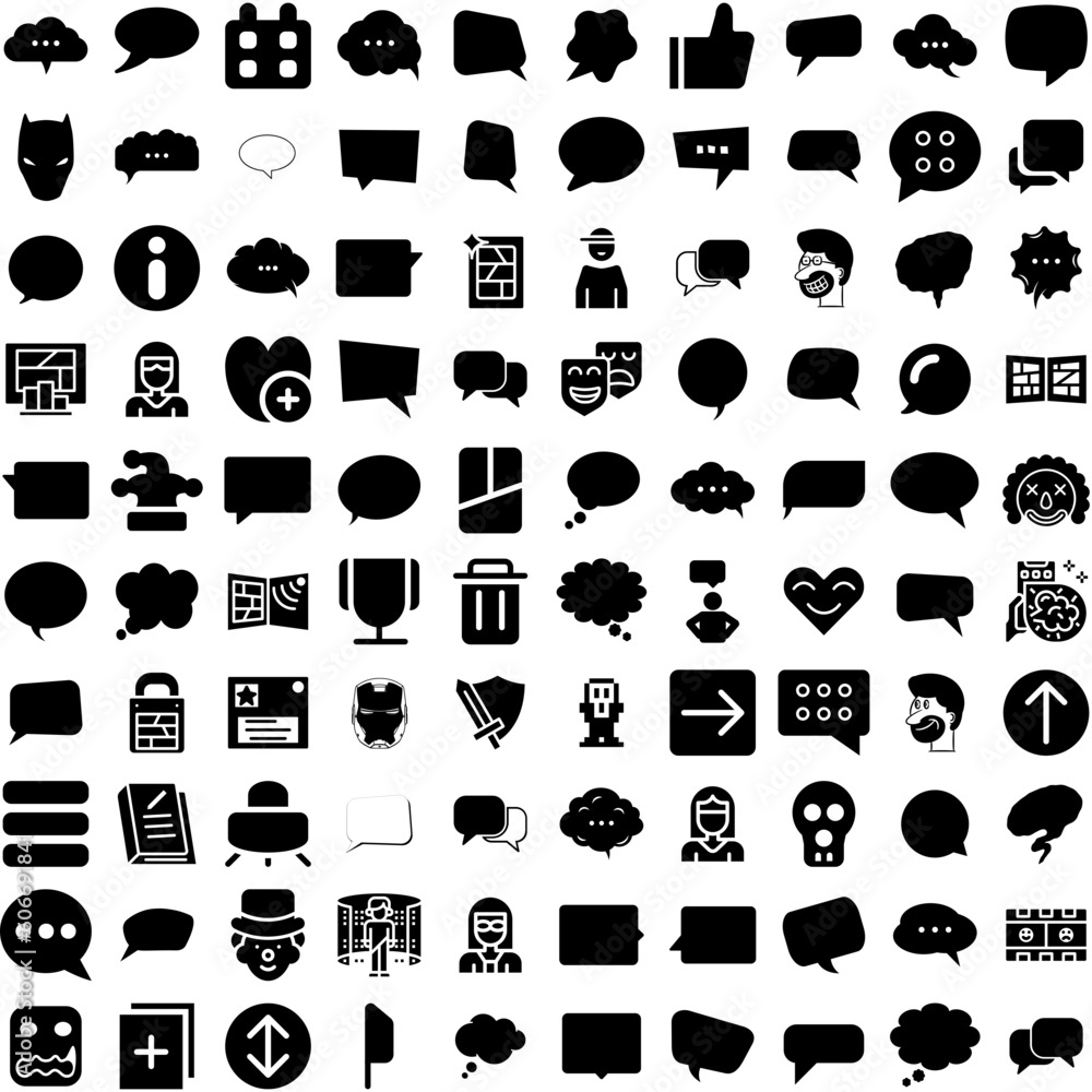 Collection Of 100 Comic Icons Set Isolated Solid Silhouette Icons ...