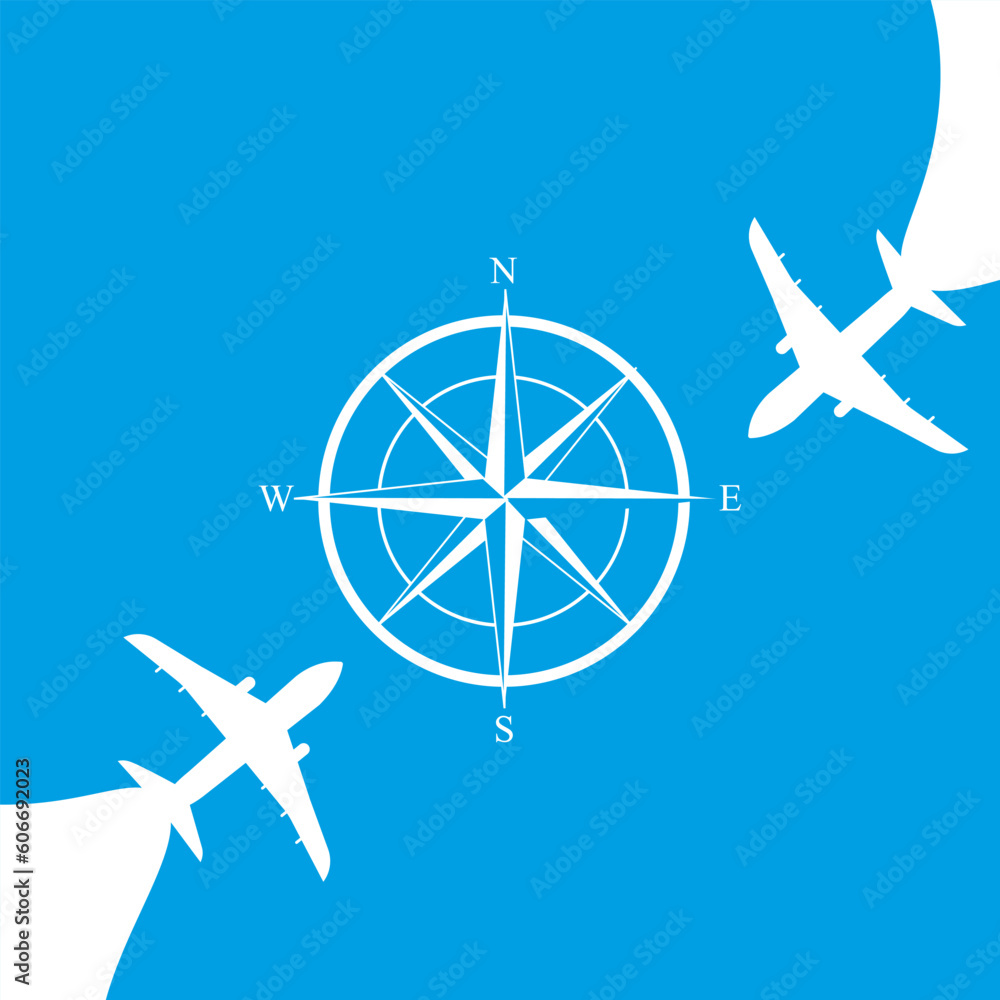 Airplane flying in the Sky with Wind Rose. Summer card with Plane ...