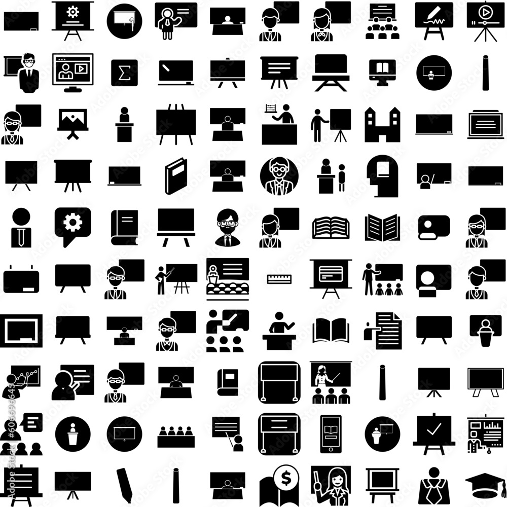 Collection Of 100 Teach Icons Set Isolated Solid Silhouette Icons ...