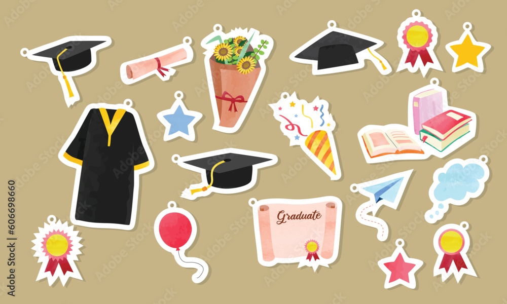 Graduation clipart cartoon stickers set. Graduation gown, cap, diploma ...