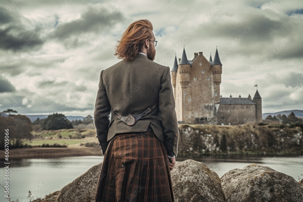 Scot man travel scottish castle. Generate Ai Stock Illustration | Adobe ...