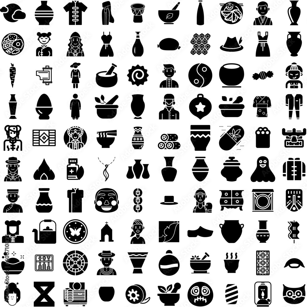 Collection Of 100 Traditional Icons Set Isolated Solid Silhouette Icons ...