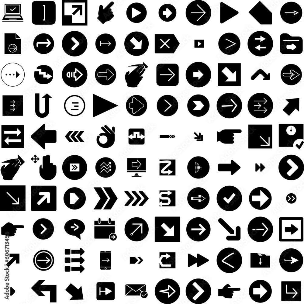 Collection Of 100 Right Icons Set Isolated Solid Silhouette Icons ...