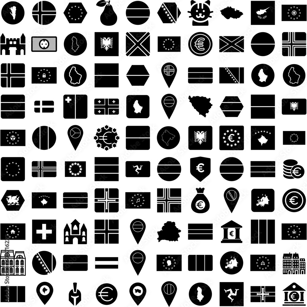 Collection Of 100 European Icons Set Isolated Solid Silhouette Icons ...