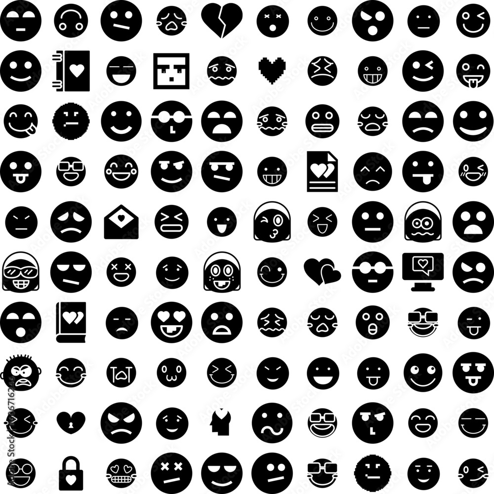 Collection Of 100 Feelings Icons Set Isolated Solid Silhouette Icons ...