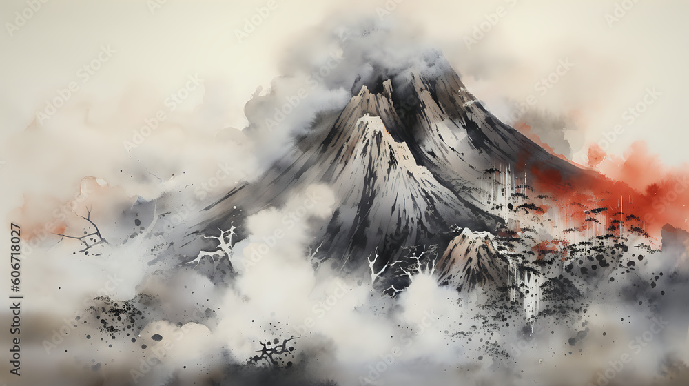 Photo & Art Print Sumi e depiction of a volcano in eruption, Amir
