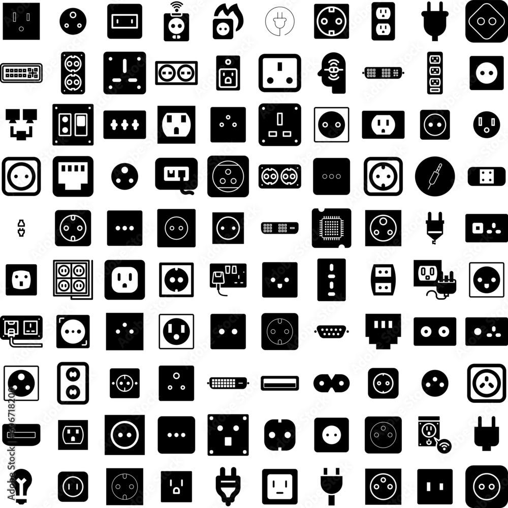 Collection Of 100 Socket Icons Set Isolated Solid Silhouette Icons ...