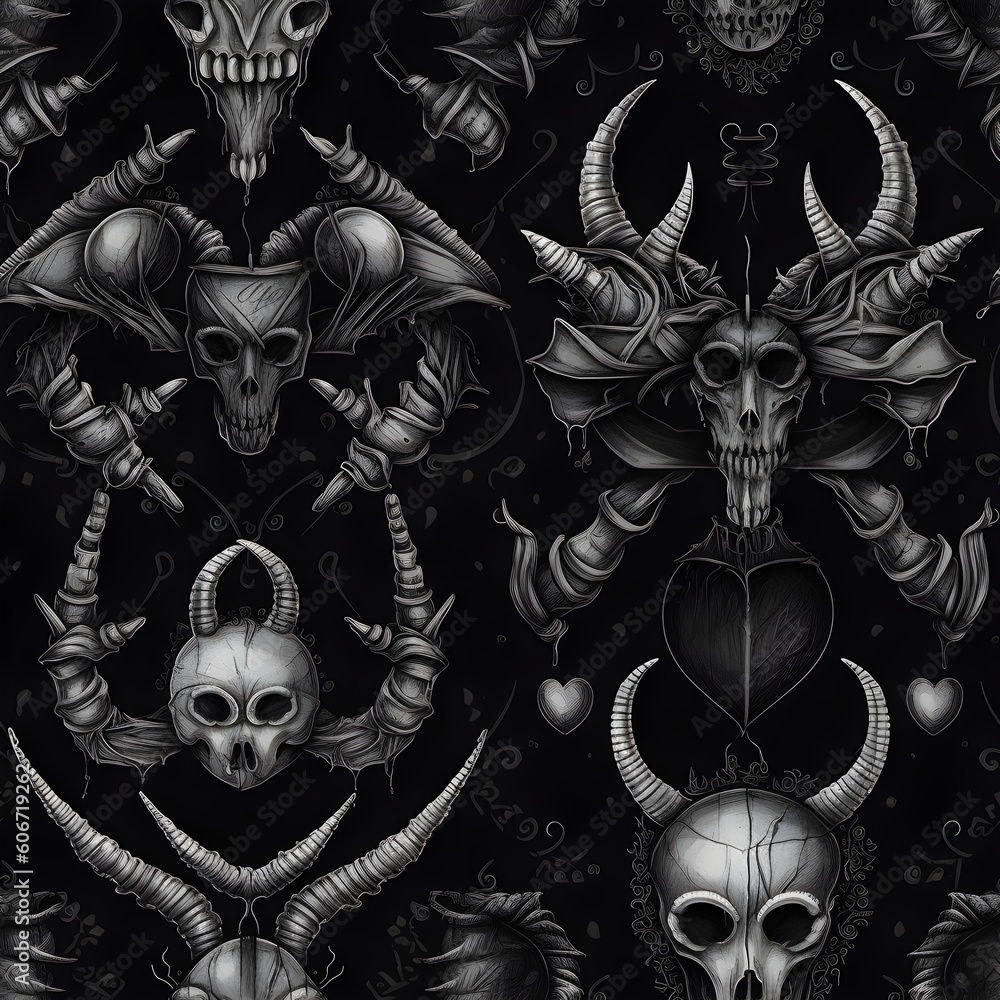 Seamless pattern Vintage Dark Gothic Demon Head Skulls Spikes Horns ...