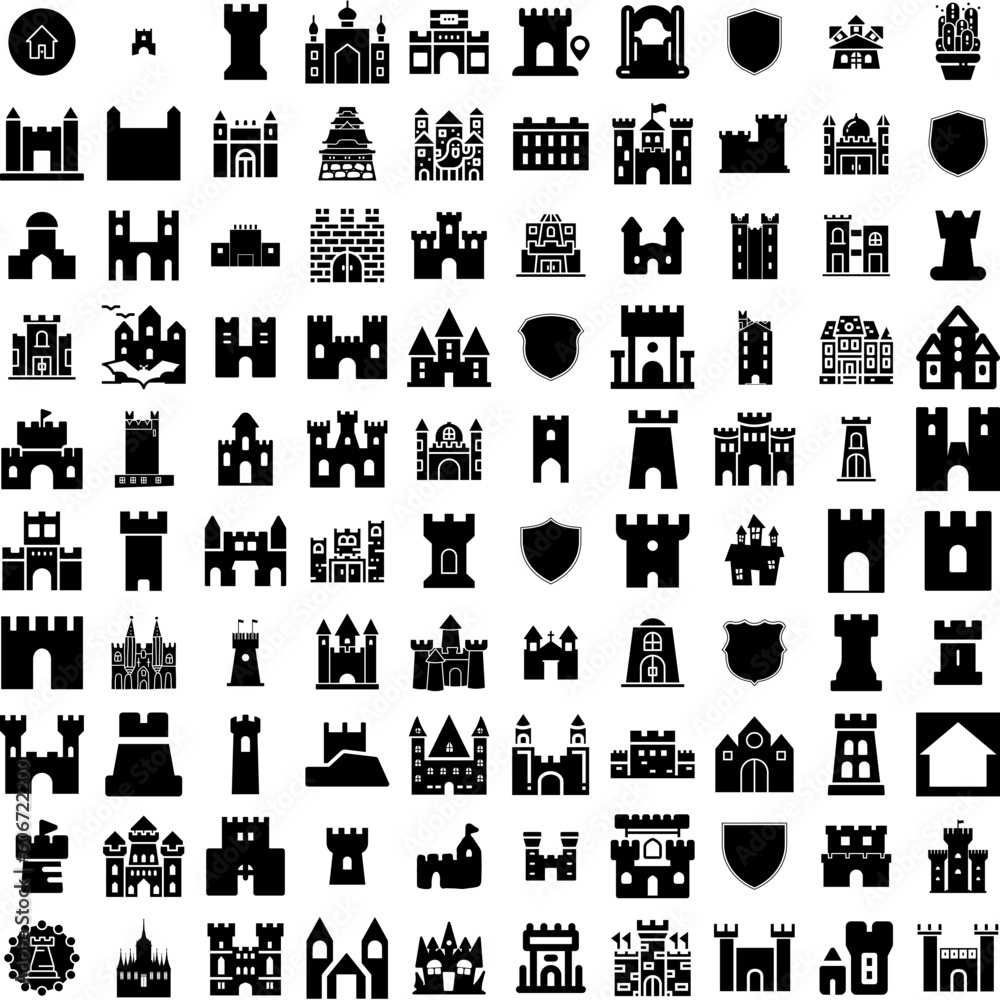 Collection Of 100 Castle Icons Set Isolated Solid Silhouette Icons ...