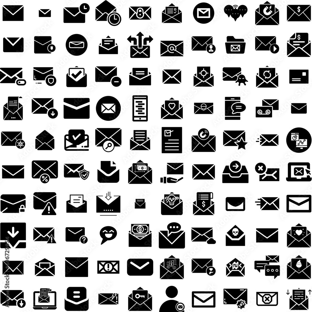 Collection Of 100 Email Icons Set Isolated Solid Silhouette Icons Including Web, Internet, Mail ...